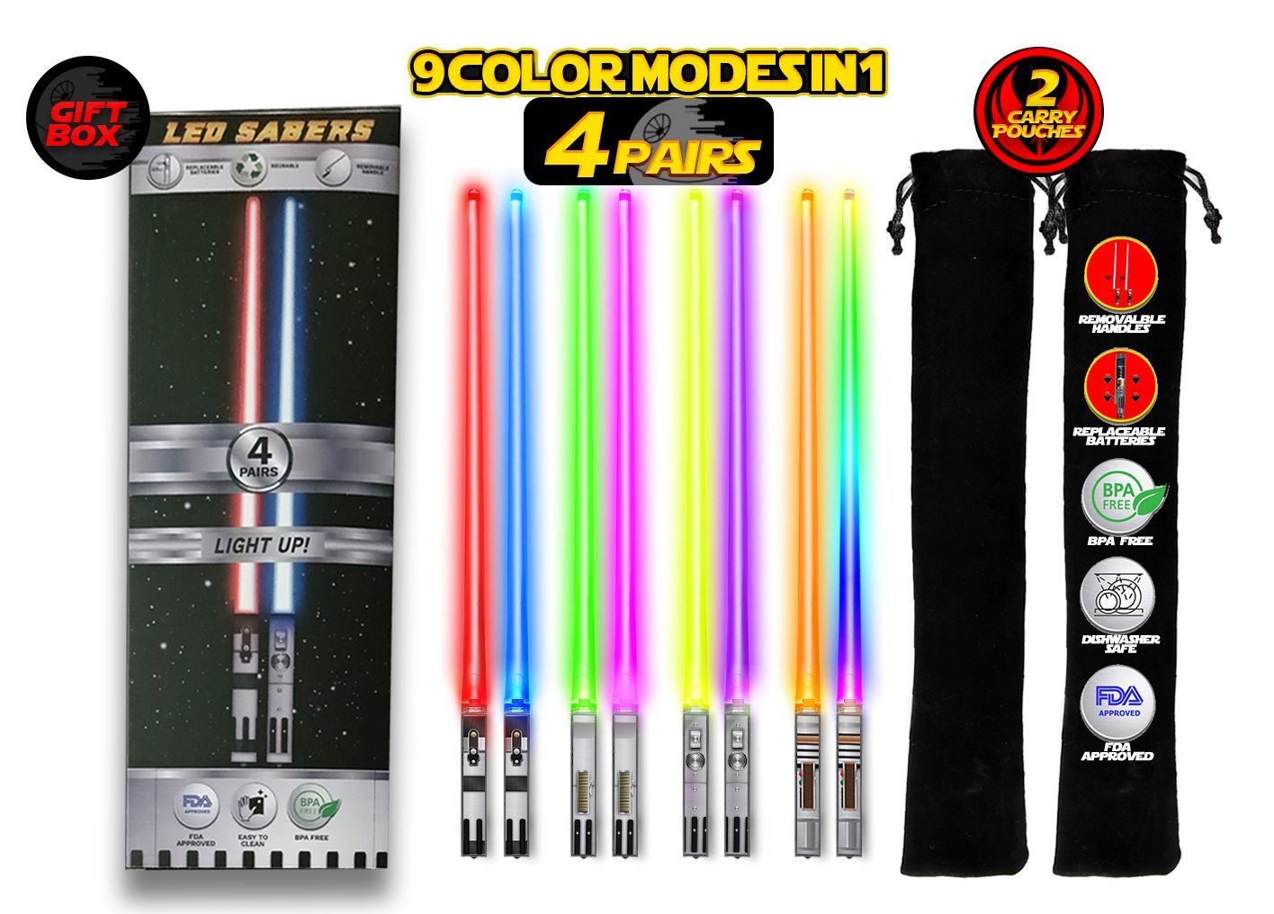 LIGHTSABER CHOPSTICKS Reusable - Carrying Case - Gift Box - 8 Color Ch